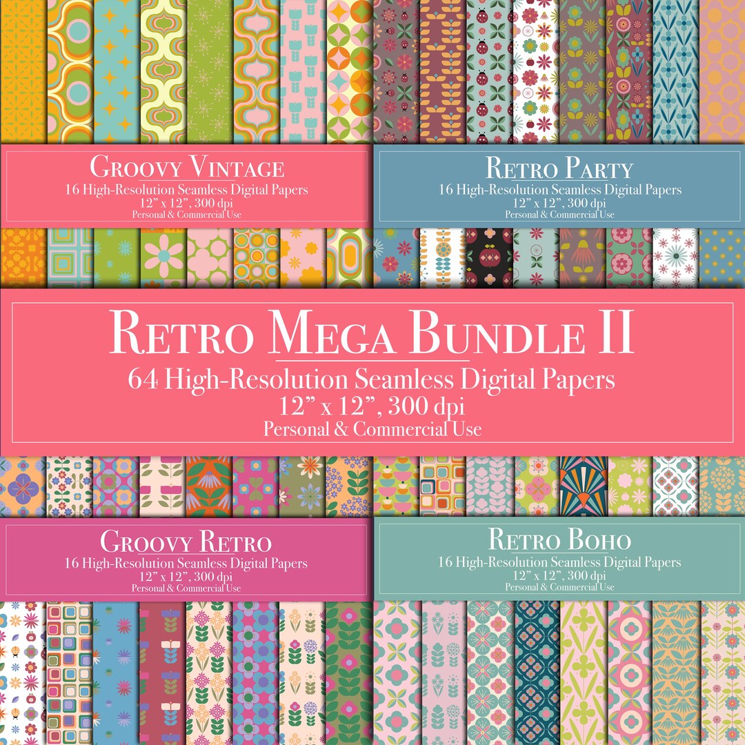 Boho Retro Digital Paper Megabundle Seamless Pattern Scrapbook Paper ...