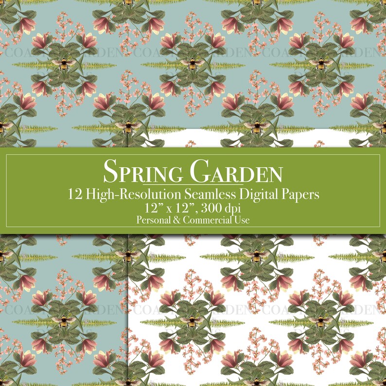 Spring Garden Digital Paper, Seamless Pattern Scrapbook Paper, Planner ...
