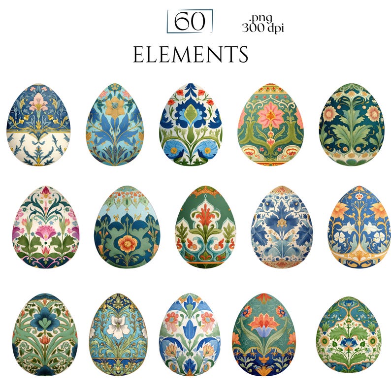 Art Nouveau Easter Eggs Clipart, Vintage Floral Egg Pngs, Ornamental ...