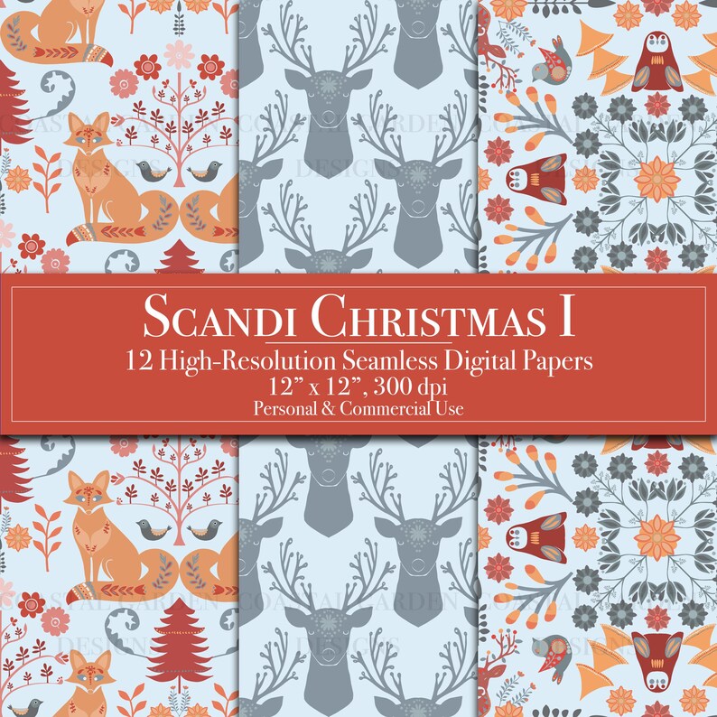 Scandi Folk Art Christmas Digital Paper, Seamless Digital Scrapbook ...