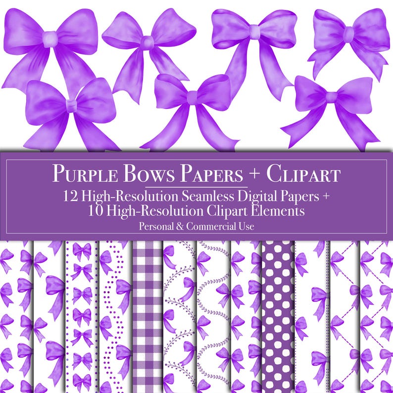 Watercolor Purple Ribbons Digital Papers & Clipart Bundle, Puce Bows ...