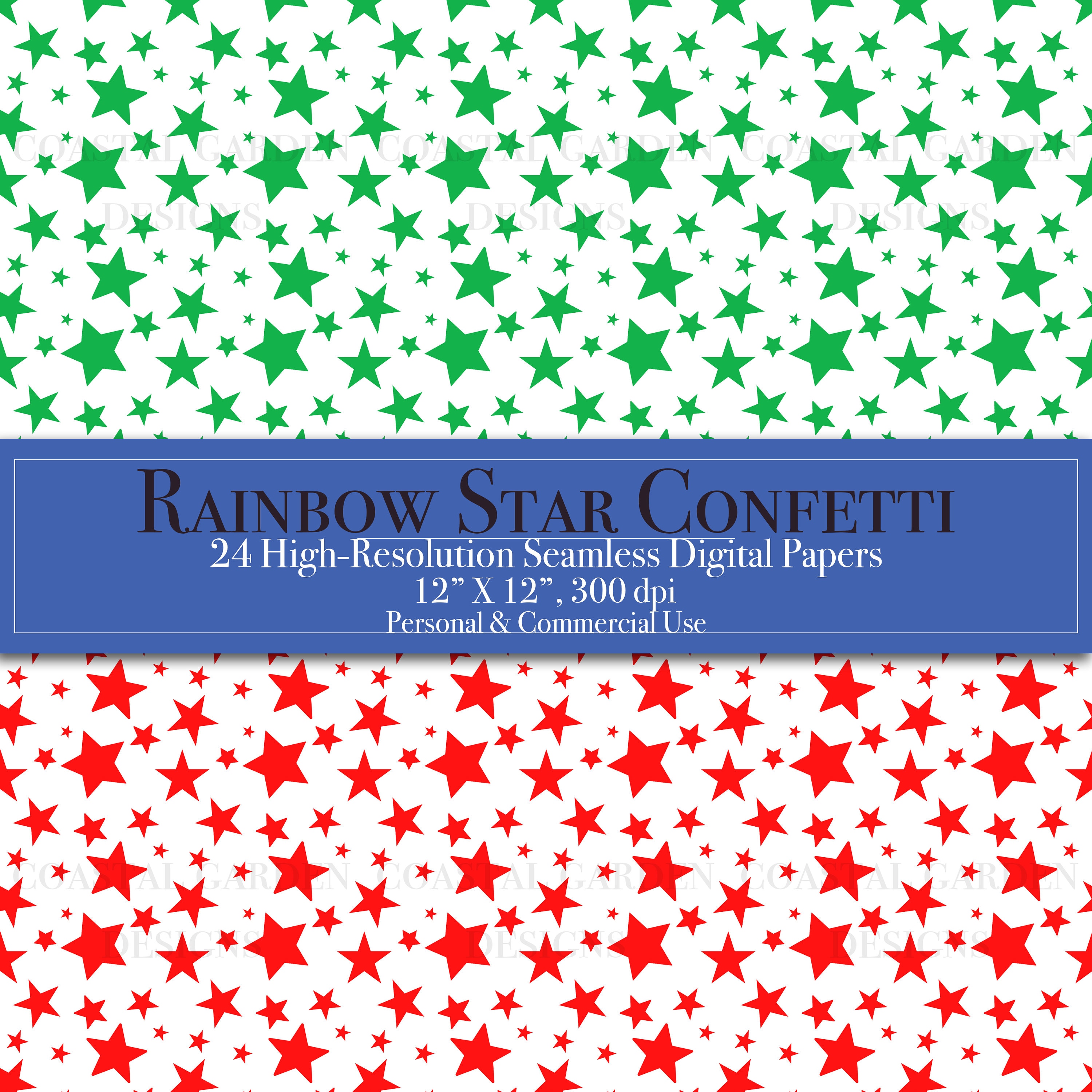Rainbow Star Confetti Digital Paper Bundle, Seamless Pattern Set ...