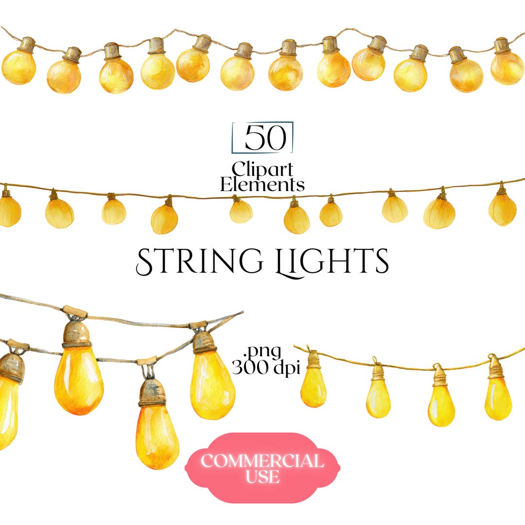 String Lights Clipart, Watercolor Hanging Bulb Garland Overlays ...