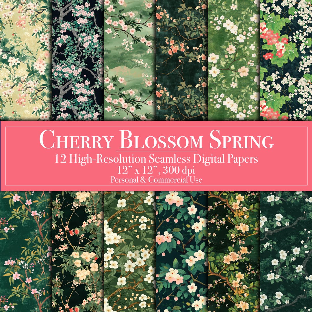 Cherry Blossom Digital Papers, Spring Flower Scrapbook Paper, Seamless ...