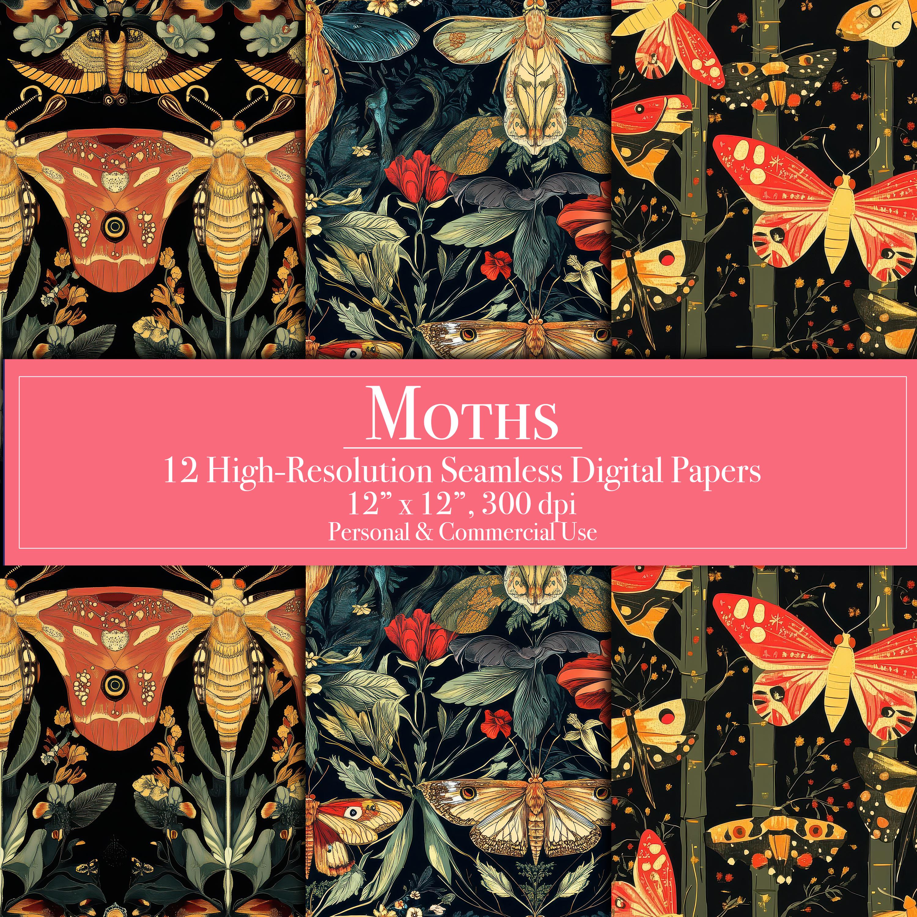 Moths Digital Paper, Moth Seamless Digital Scrapbook Paper, Planner ...