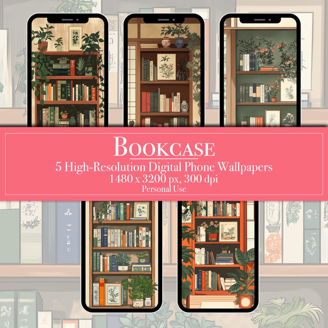 5 Bookcase iPhone Android Wallpapers, Reader's Digital Download, Phone ...