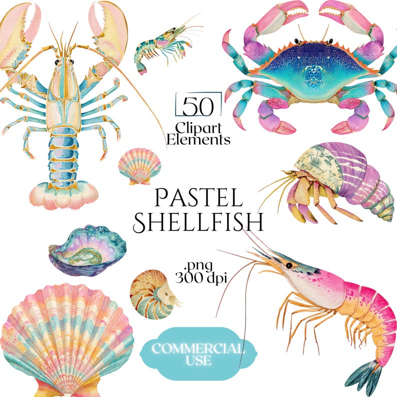 Pastel Shellfish Clipart, Soft Coastal Lobster PNG Illustrations, Light ...