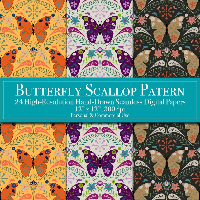 Butterfly Scallop Digital Paper Bundle, Seamless Patterns Scrapbook ...