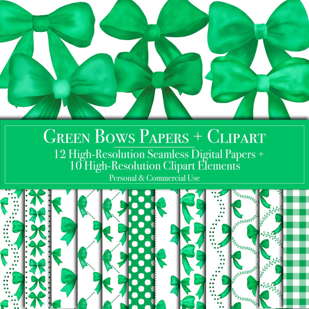 Green Bows Digital Papers & Clipart Bundle, Ribbon Seamless Scrapbook ...