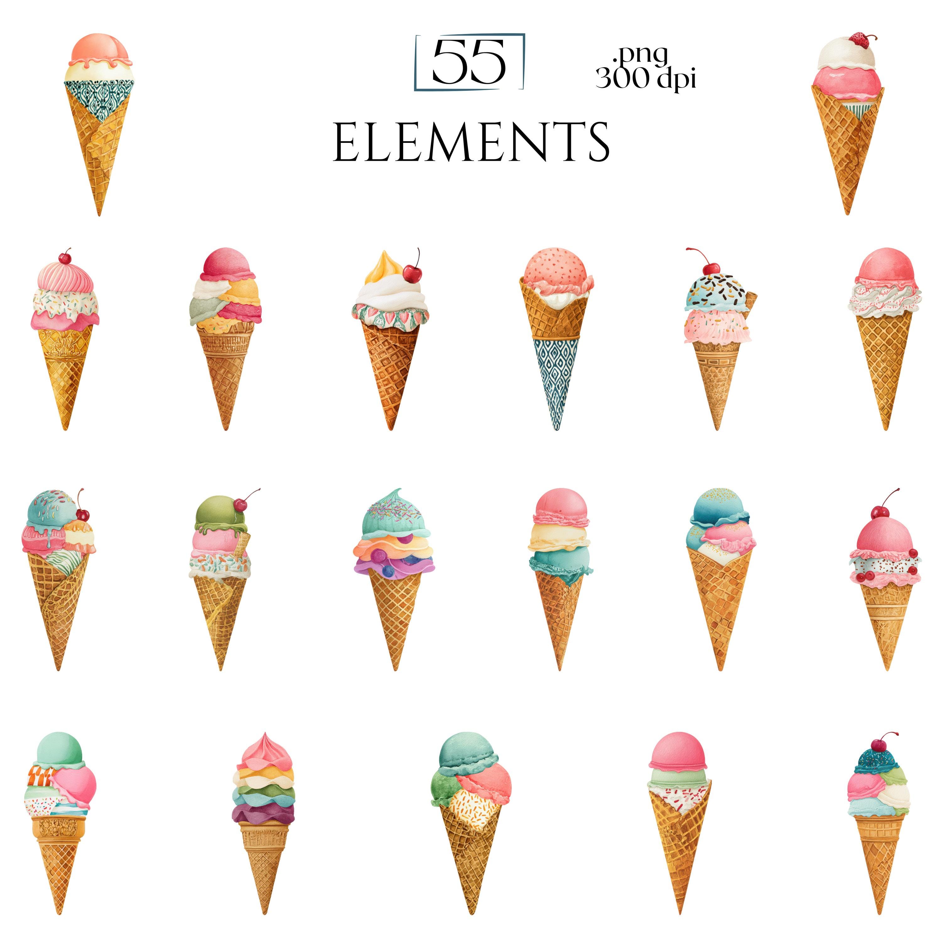 Ice Cream Cones Clipart, Watercolor Gelato Ephemera, Summer Dessert ...