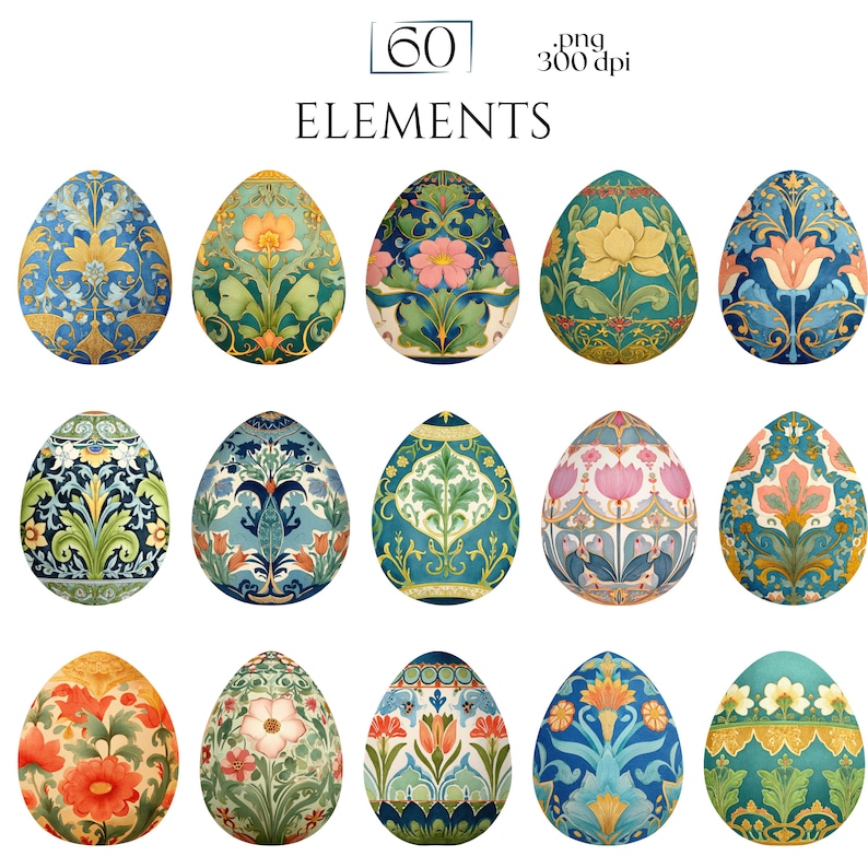 Art Nouveau Easter Eggs Clipart, Vintage Floral Egg Pngs, Ornamental ...
