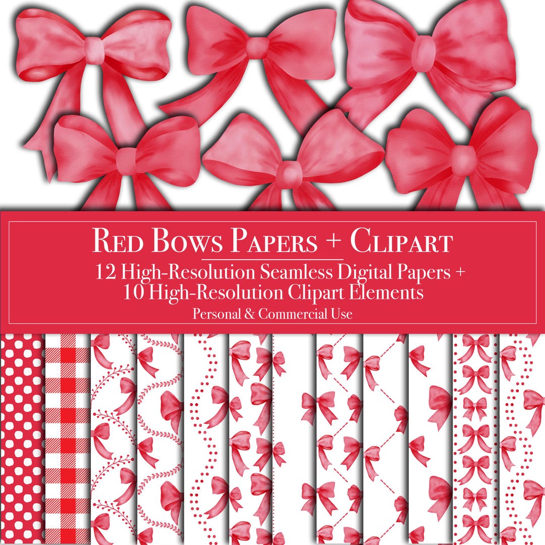 Red Bows Digital Papers & Clipart Bundle, Ribbon Seamless Scrapbook ...