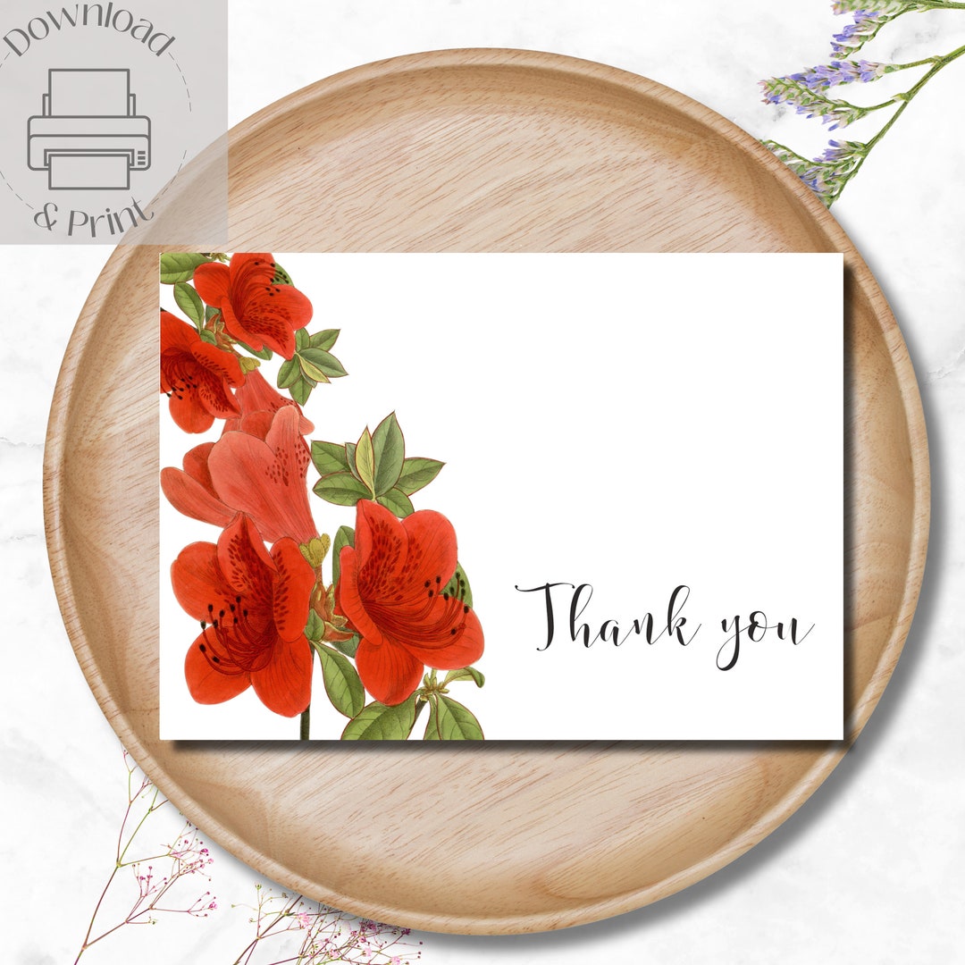 Red Azalea Printable Thank You Card, Instant Download Print at Home ...