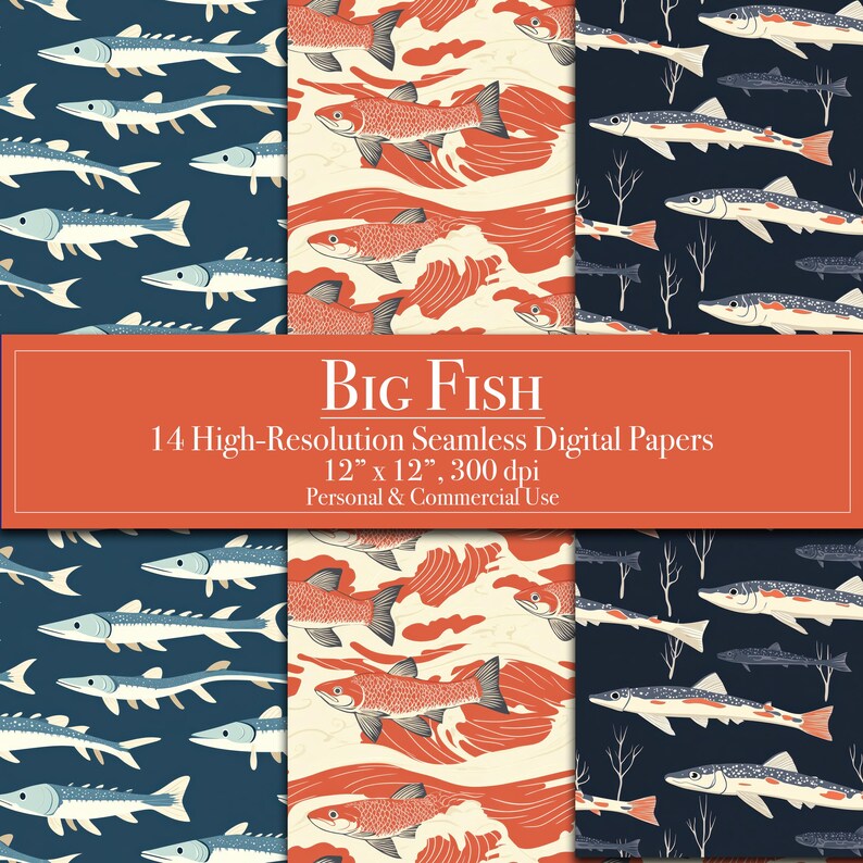 Big Fish Digital Papers, Fishing Seamless Pattern Scrapbook Paper ...