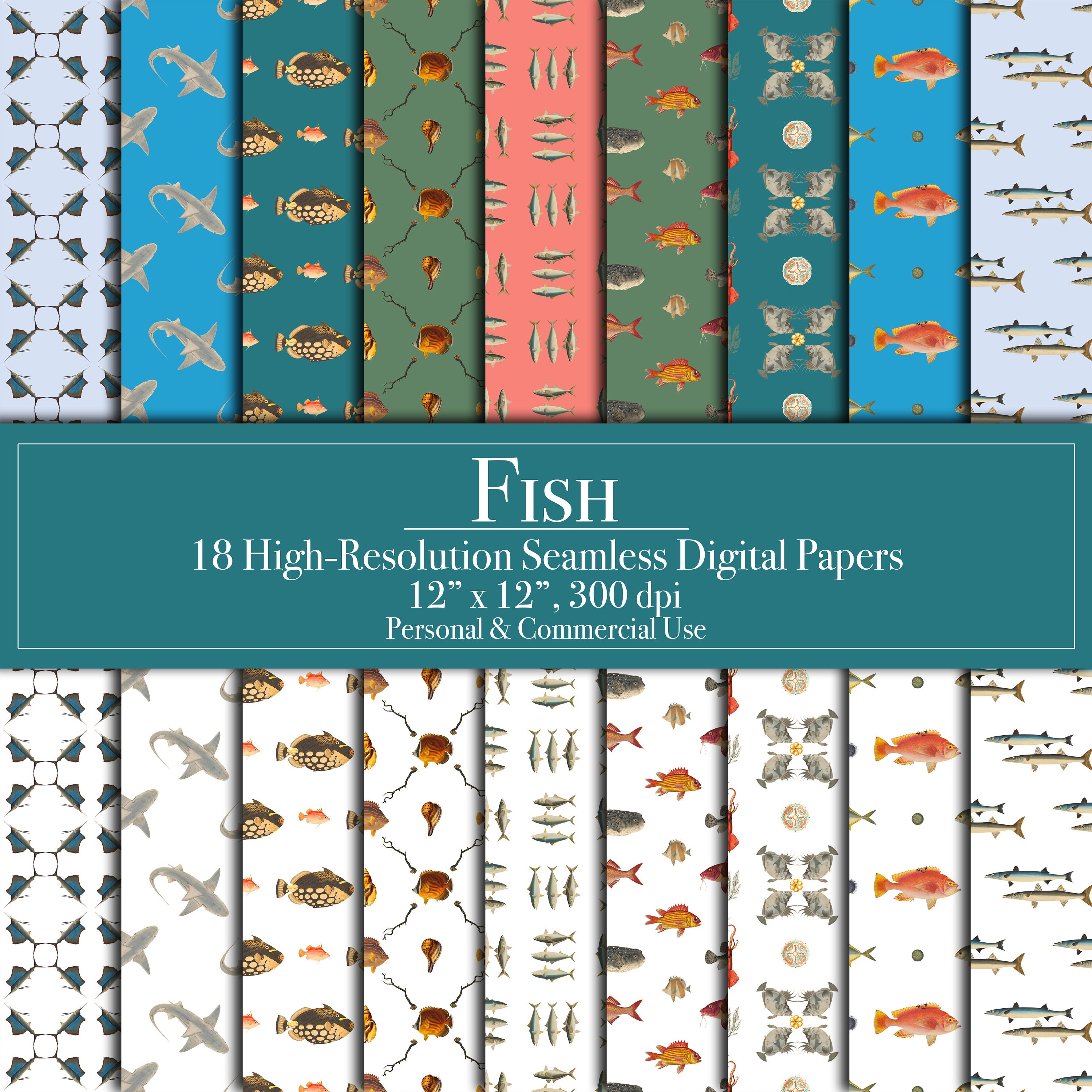 Fish Digital Paper Megabundle Seamless Pattern Scrapbook Paper ...
