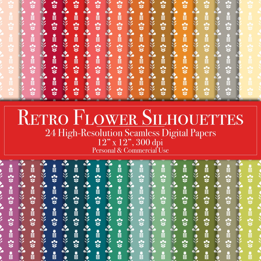 Retro Flower Silhouettes Digital Papers, Seamless Pattern Scrapbook ...