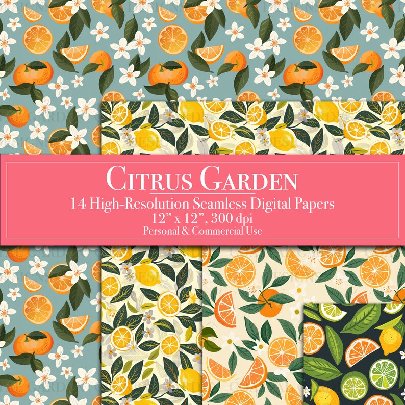 Citrus Garden Digital Papers, Orange Seamless Pattern Scrapbook Paper ...