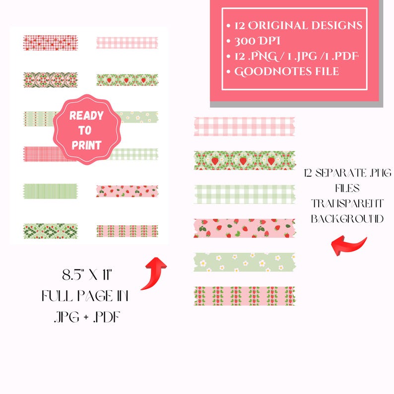 Digital Washi Tape, Strawberry Dream Tape Clipart, Goodnotes Sticky ...