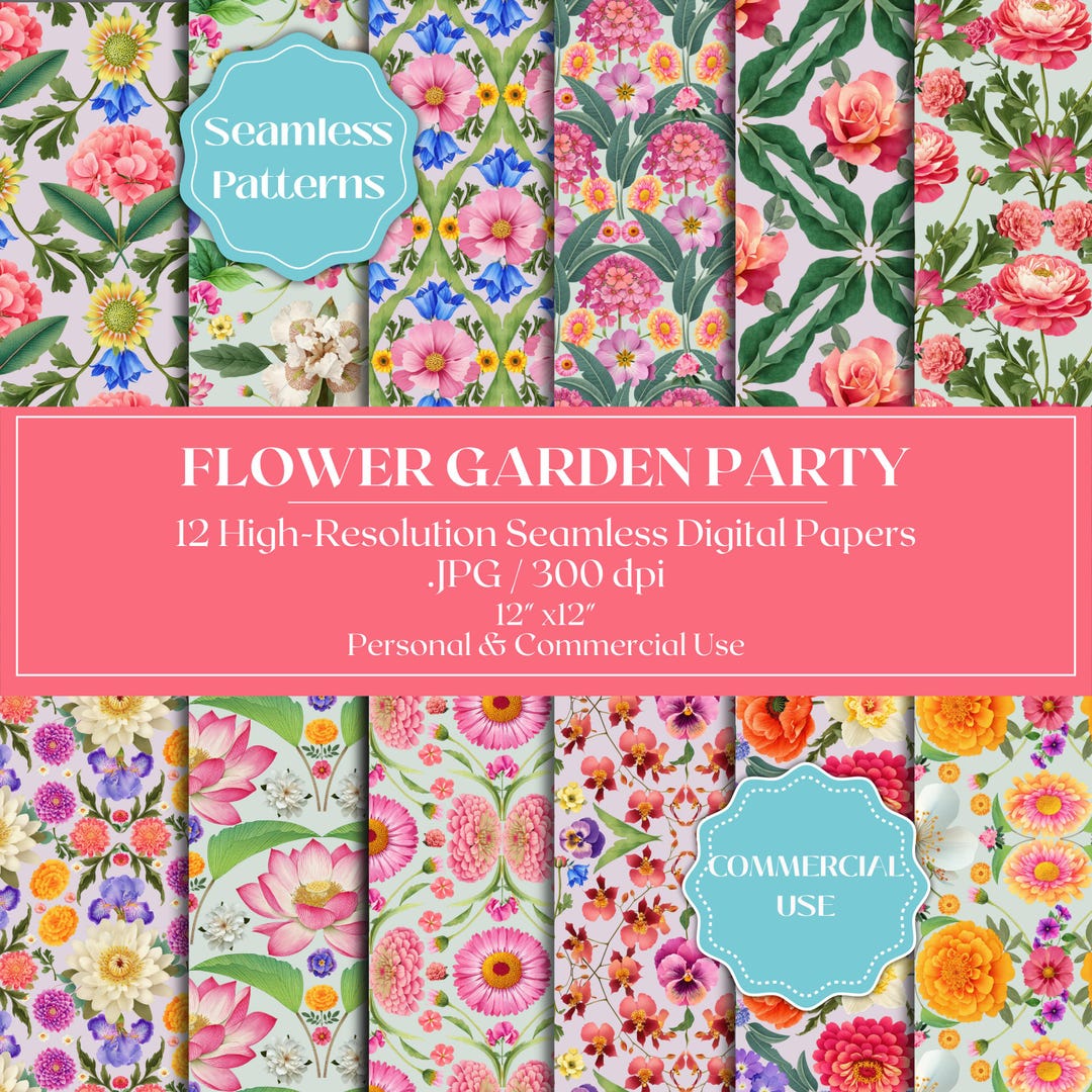 Flower Garden Party Digital Papers, Seamless Floral Scrapbook ...