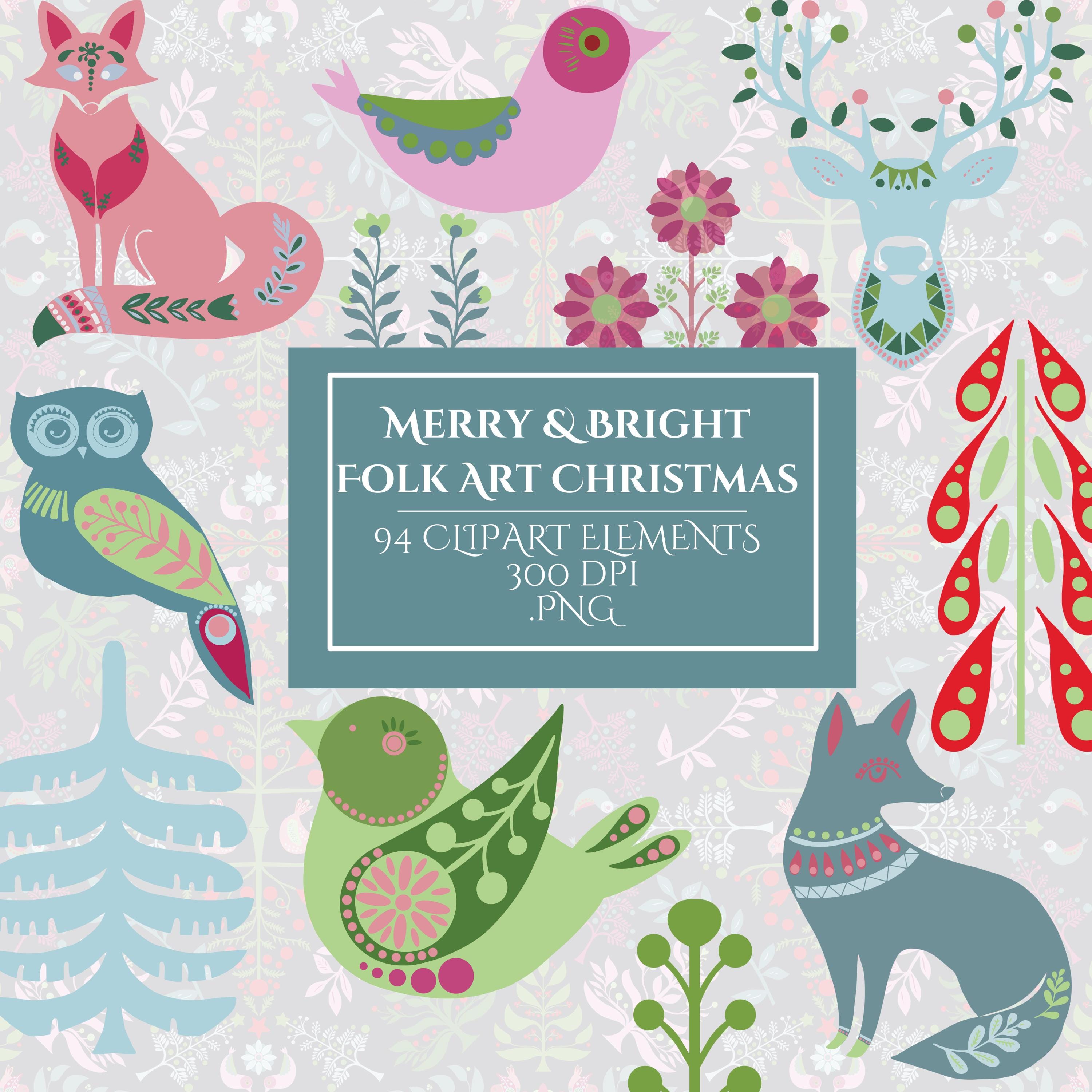 Folk Art Christmas Clipart, Scandi Clip Art Collection, Cute Stickers ...