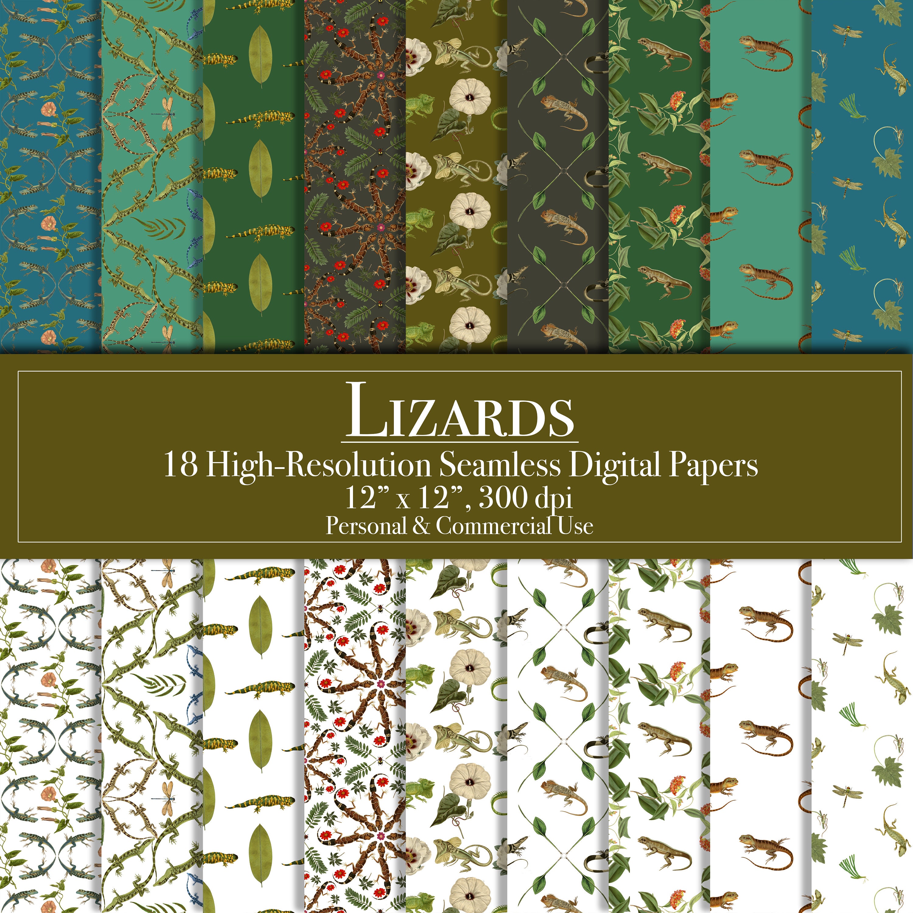 Lizards Digital Paper, Seamless Digital Scrapbook Paper, Planner ...