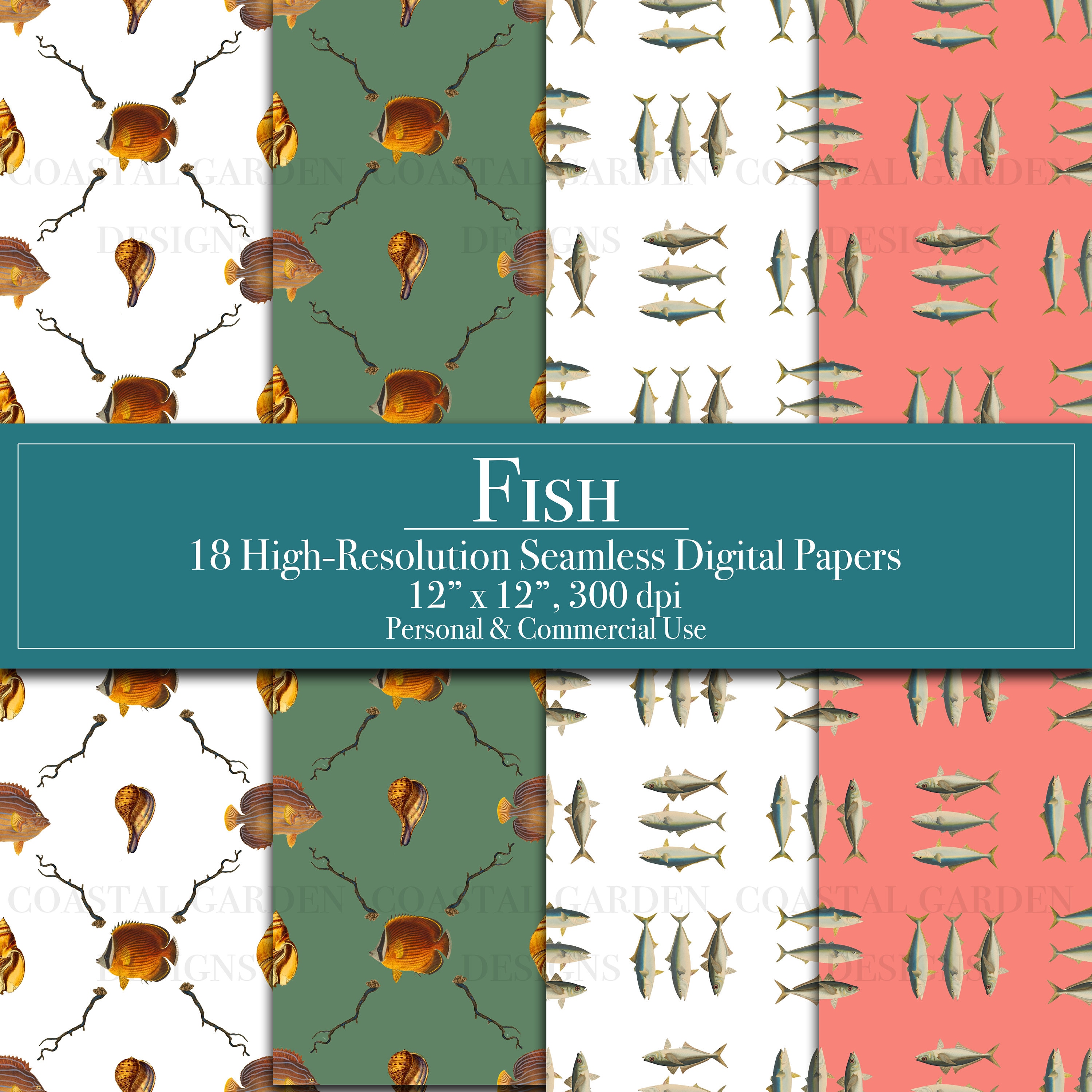 Fish Digital Papers, Ocean Seamless Pattern, Fishing Scrapbook Paper ...