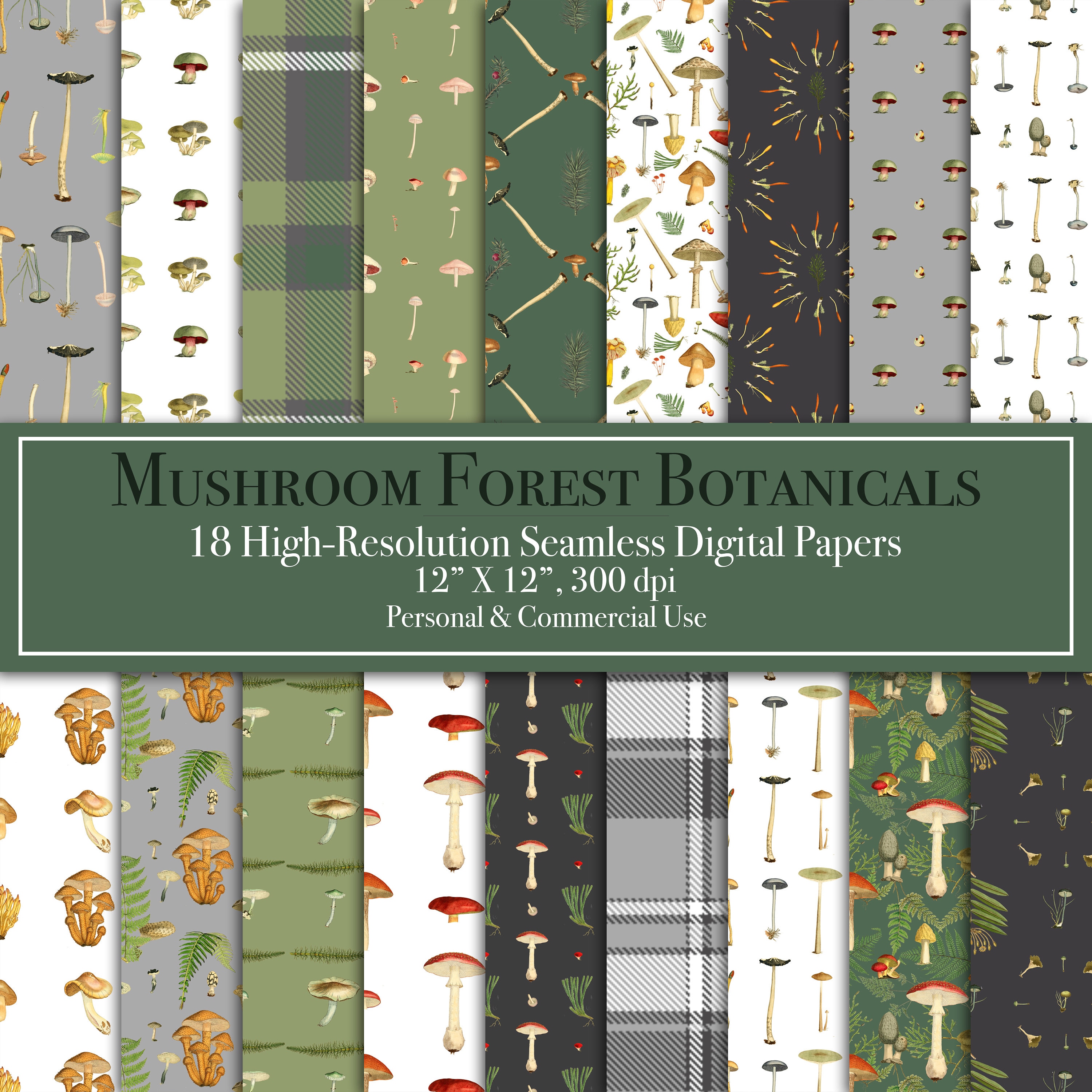 Mushroom Forest Digital Paper, Seamless Pattern Bundle, Scrapbook Paper ...