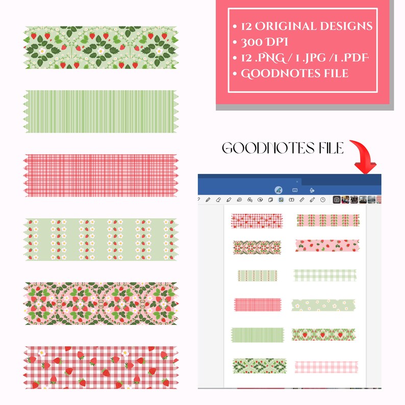 Digital Washi Tape, Strawberry Dream Tape Clipart, Goodnotes Sticky ...