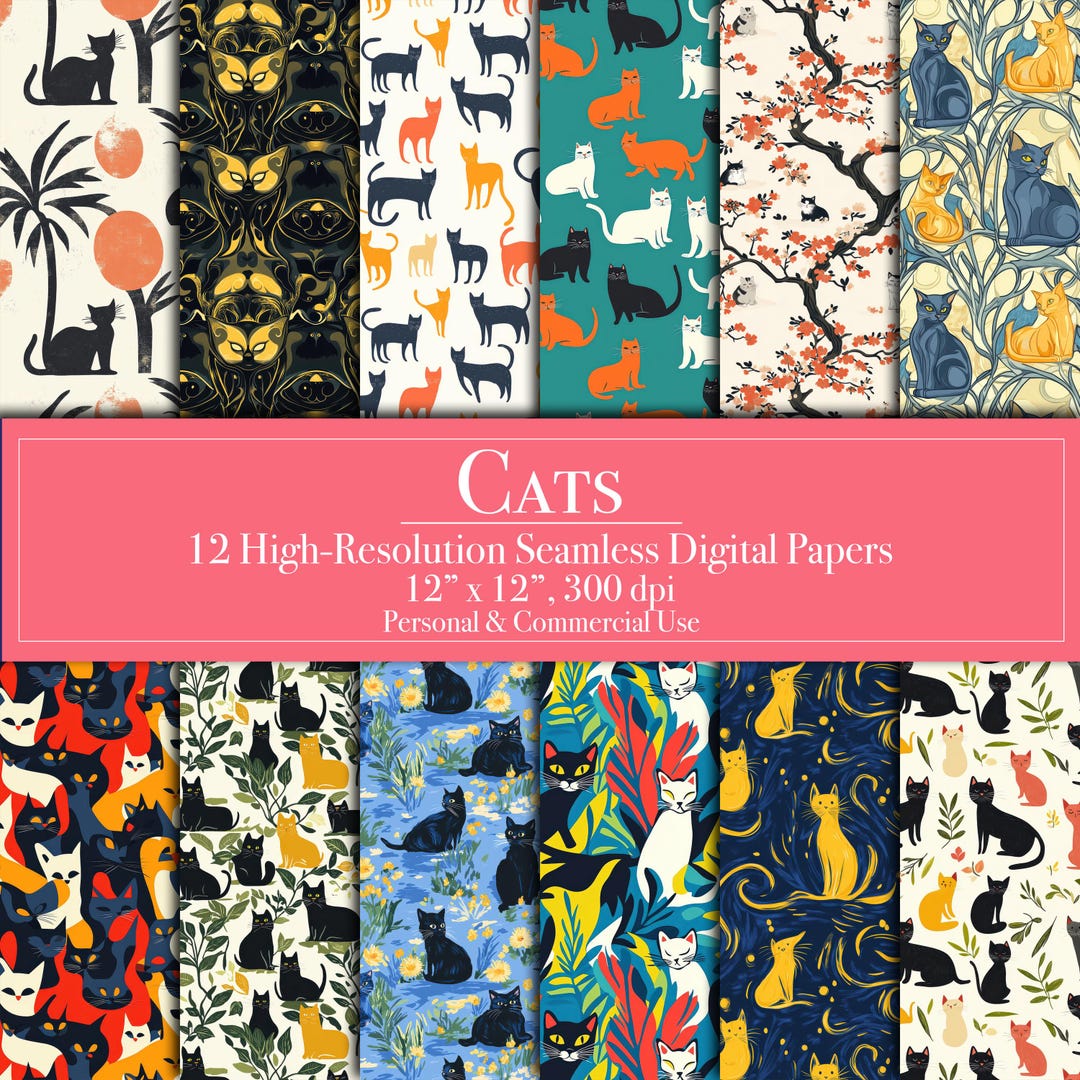 Cats Digital Paper Pack, Seamless Cat Lovers Scrapbook Pattern for ...
