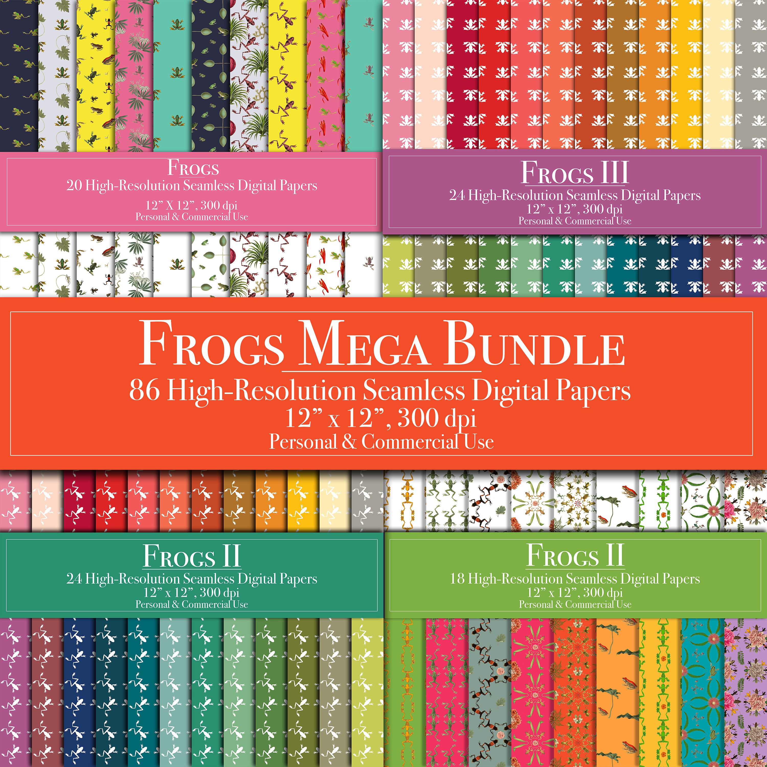 Frogs Digital Paper Megabundle, Seamless Pattern Scrapbook Paper ...