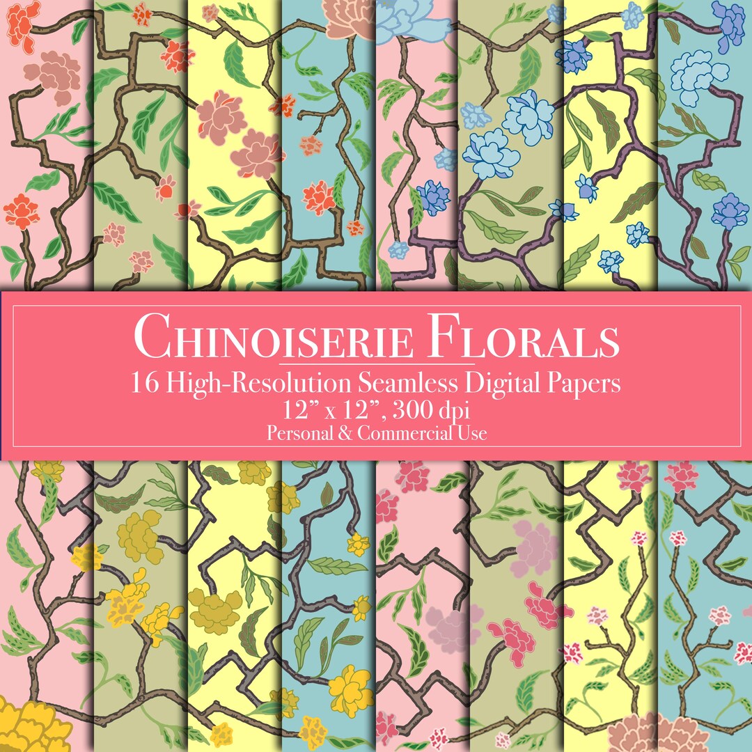 Chinoiserie Digital Paper Bundle, Floral Seamless Patterns, Peony ...