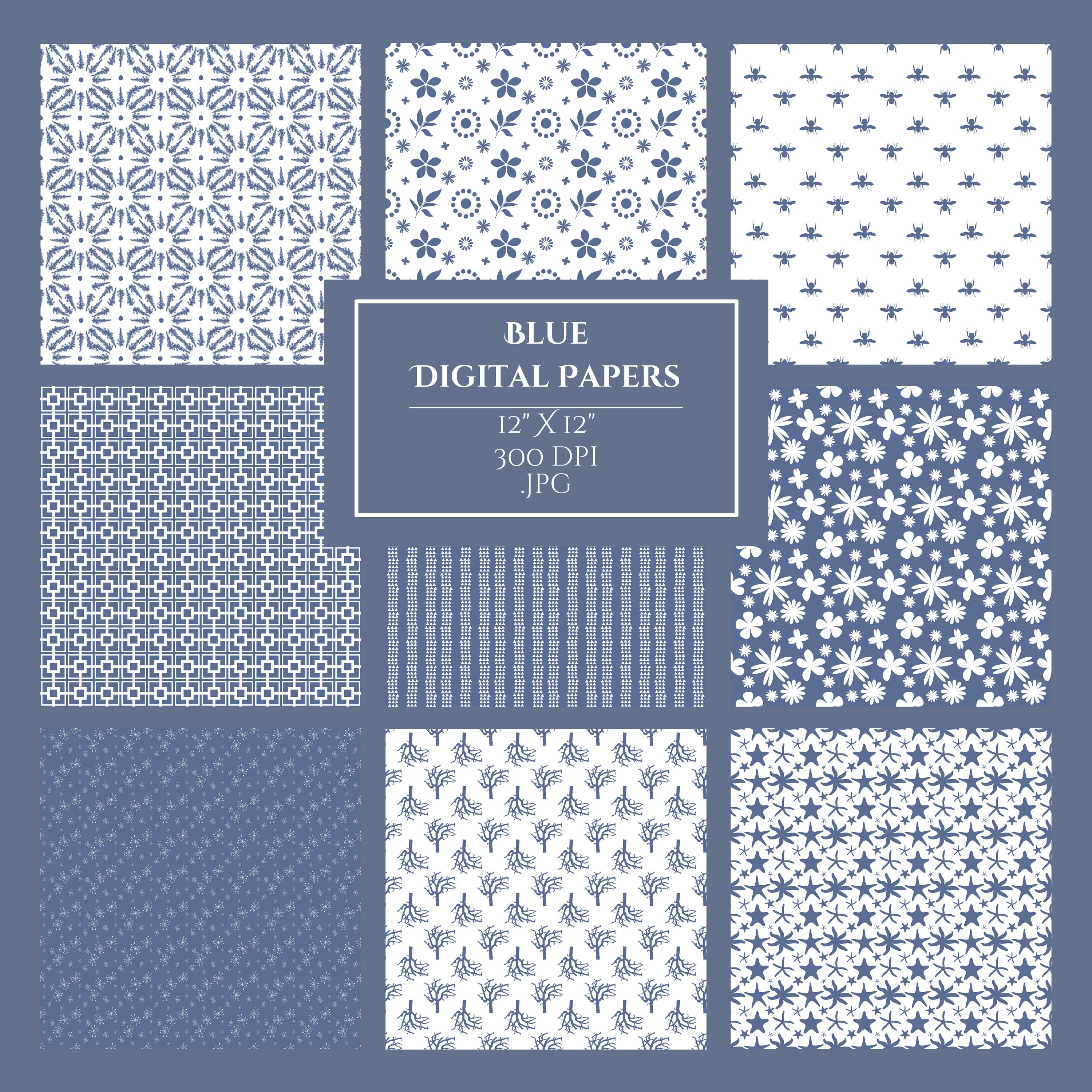 Blue Digital Paper Bundle, Seamless, Scrapbook Paper, Commercial Use ...
