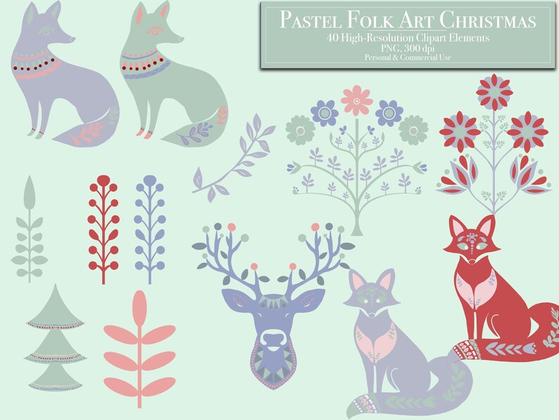Folk Art Christmas Clipart Pastels, Scandi Clip Art Collection ...