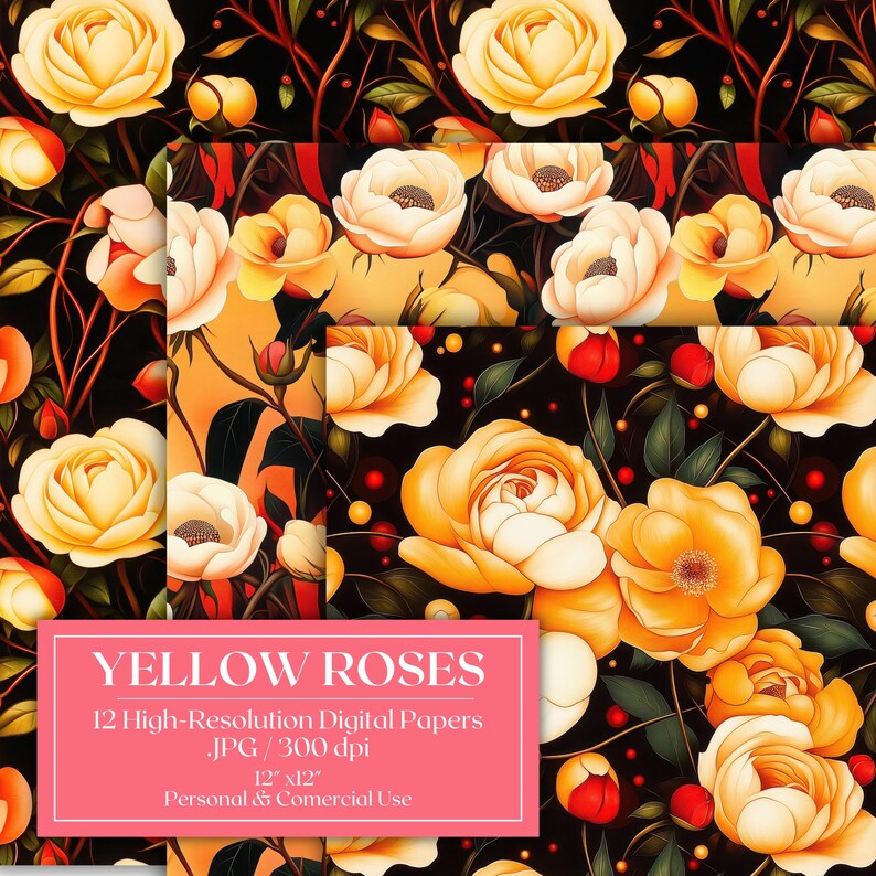 Yellow Roses Digital Papers, Rosebud Seamless Patterns, Yellow Floral ...