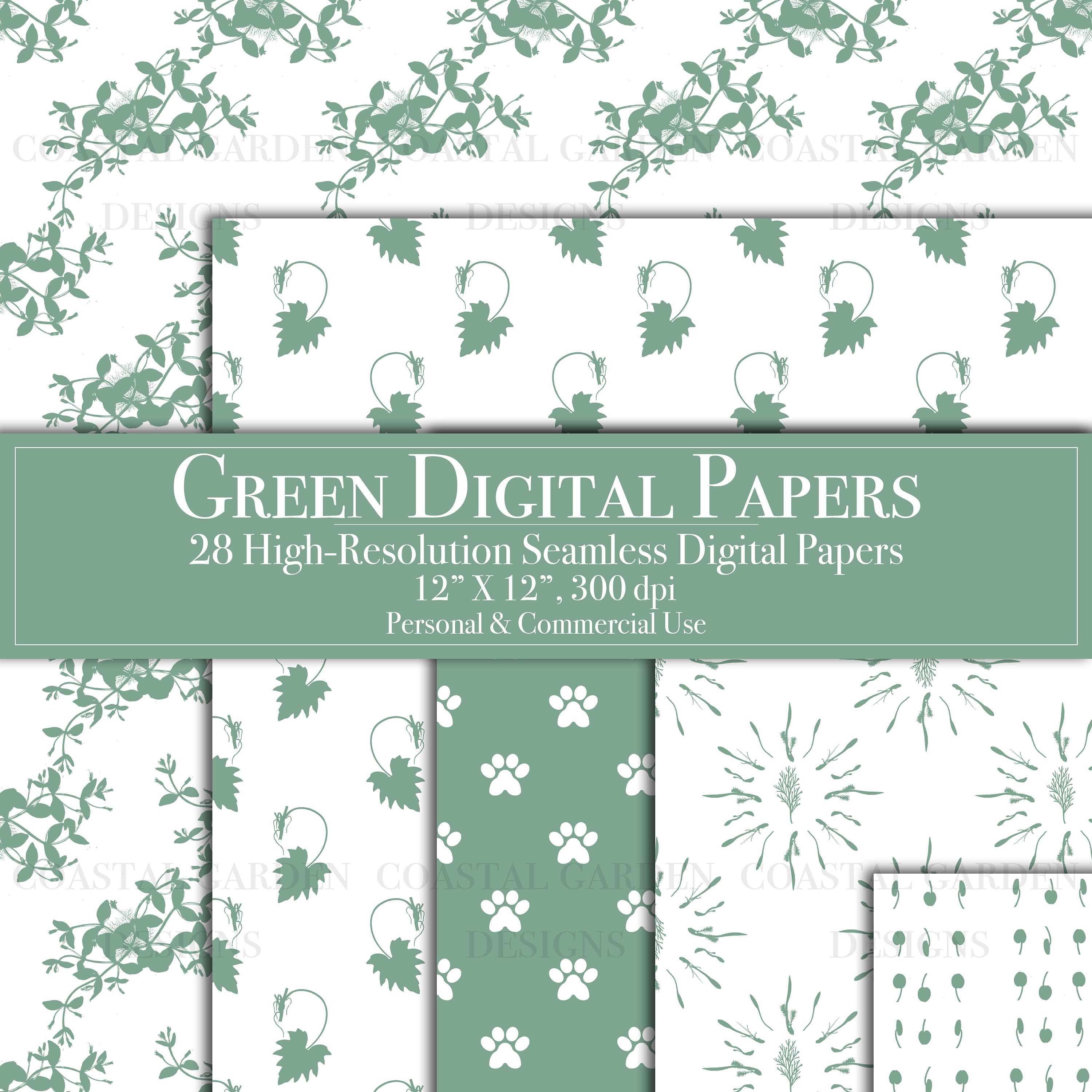 Green Digital Paper Bundle, Seamless Pattern, Scrapbook Paper ...