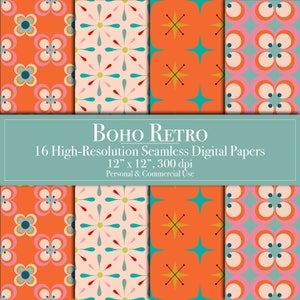 Boho Retro Digital Papers, Seamless Pattern Scrapbook Paper Commercial ...