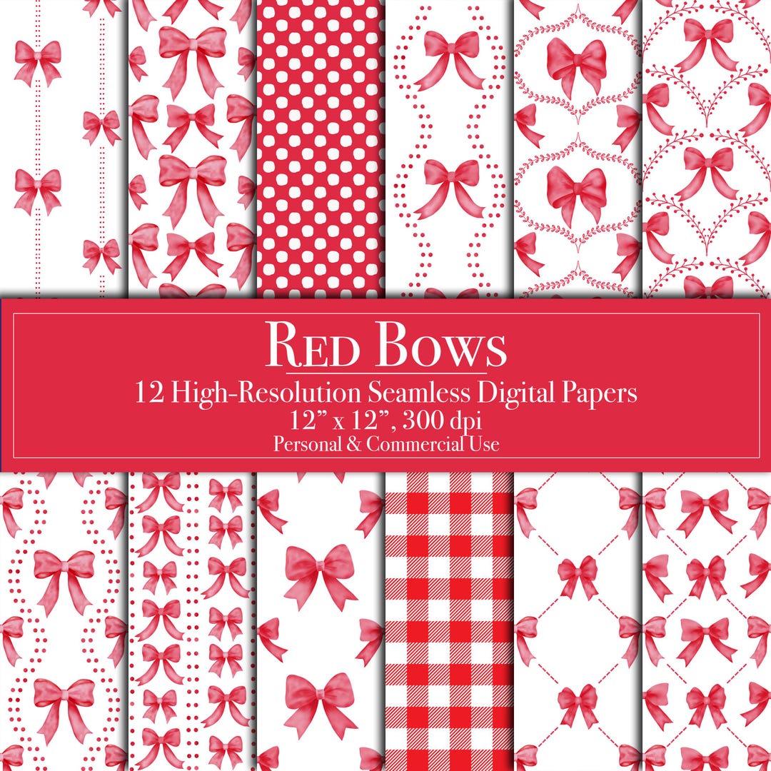 Red Bows Digital Papers, Preppy Seamless Pattern, Coquette Ribbons ...
