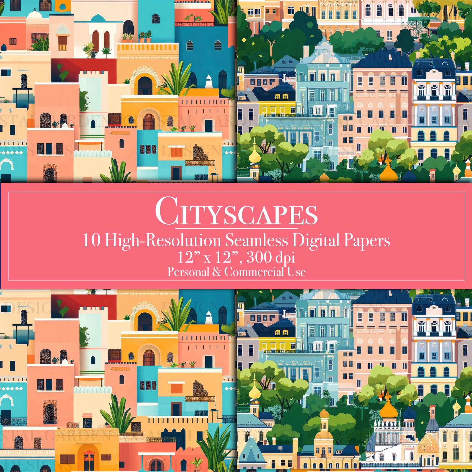 Cityscape Digital Papers, Buildings Seamless Digital Scrapbook Patterns ...