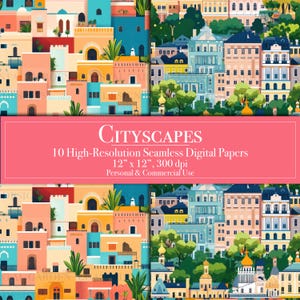 Cityscape Digital Papers, Buildings Seamless Digital Scrapbook Patterns ...
