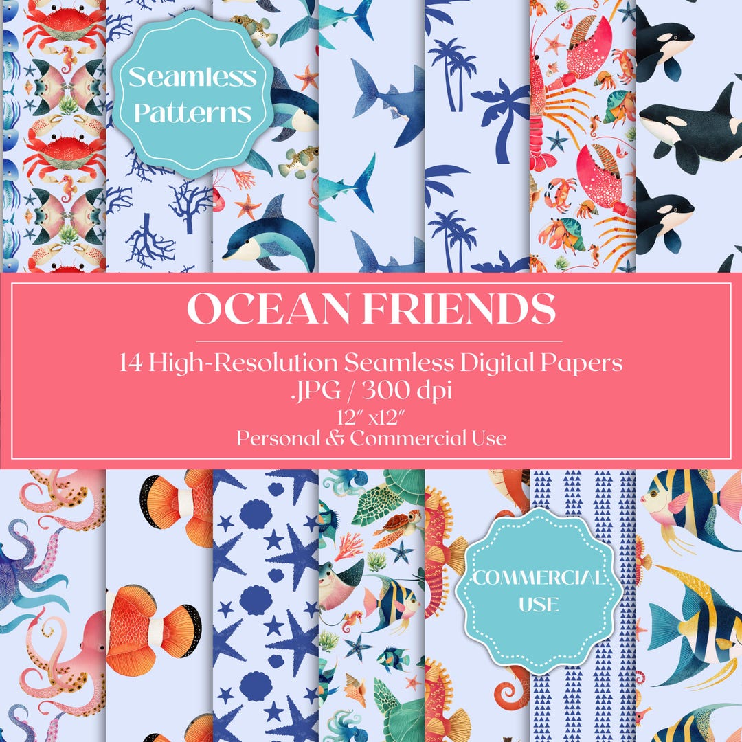 Ocean Friends Digital Papers, Under the Sea Seamless Backgrounds ...