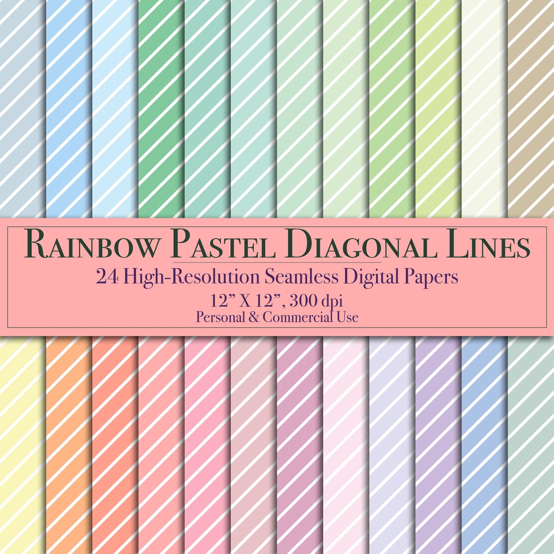 Cute Diagonal Lines Digital Paper Bundle, Pastel Rainbow White Seamless ...