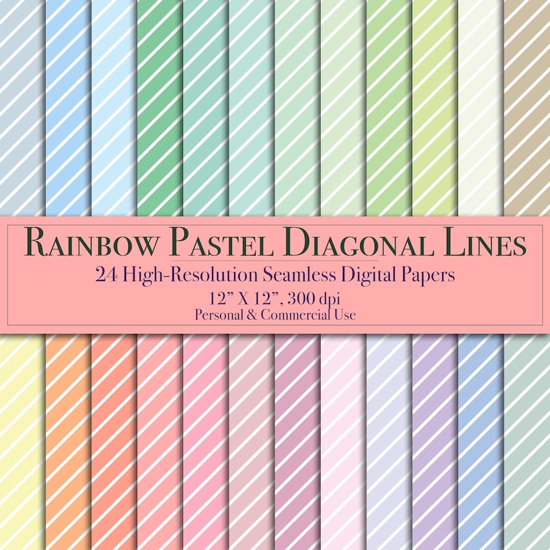 Cute Diagonal Lines Digital Paper Bundle, Pastel Rainbow White Seamless ...