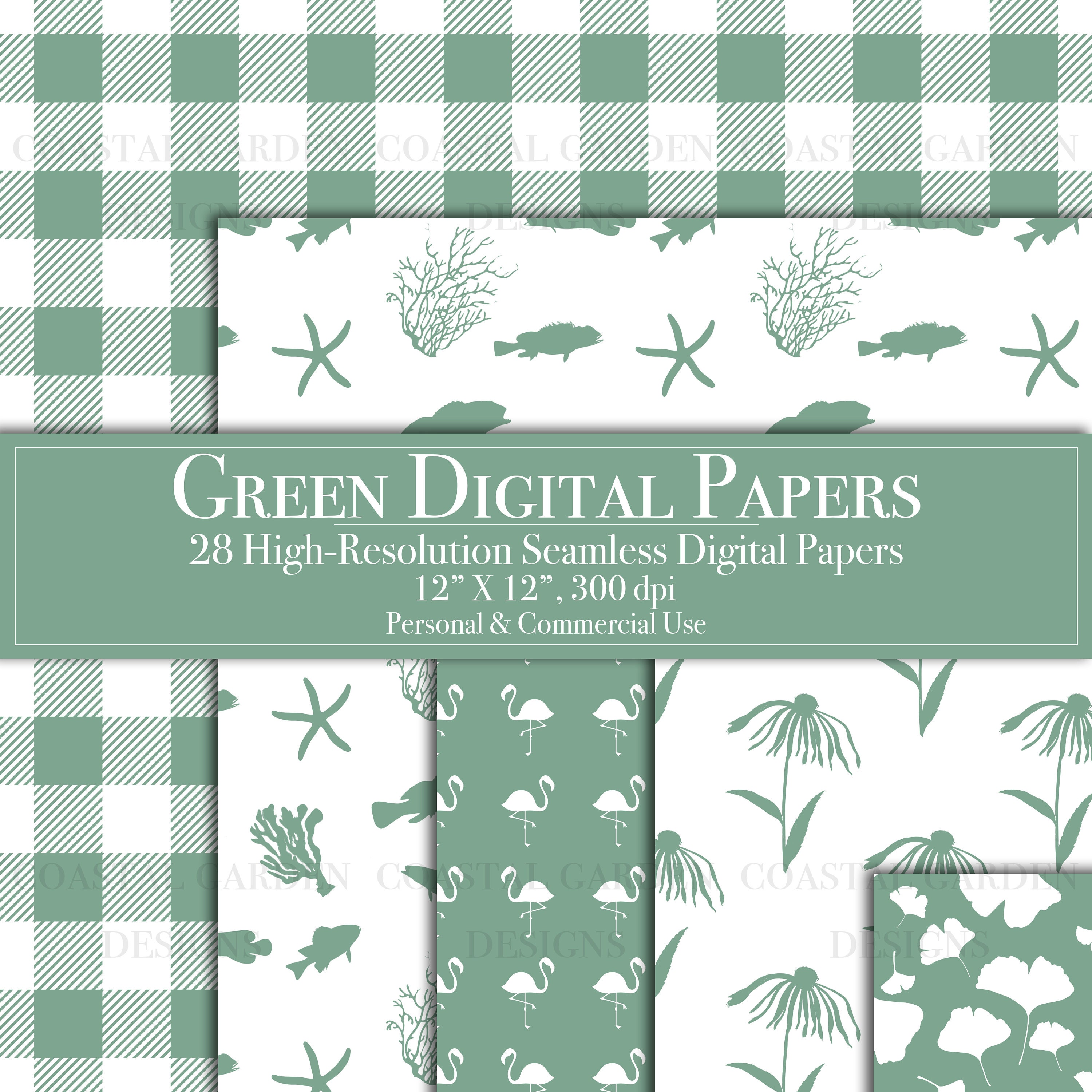 Green Digital Paper Bundle, Seamless Pattern, Scrapbook Paper ...