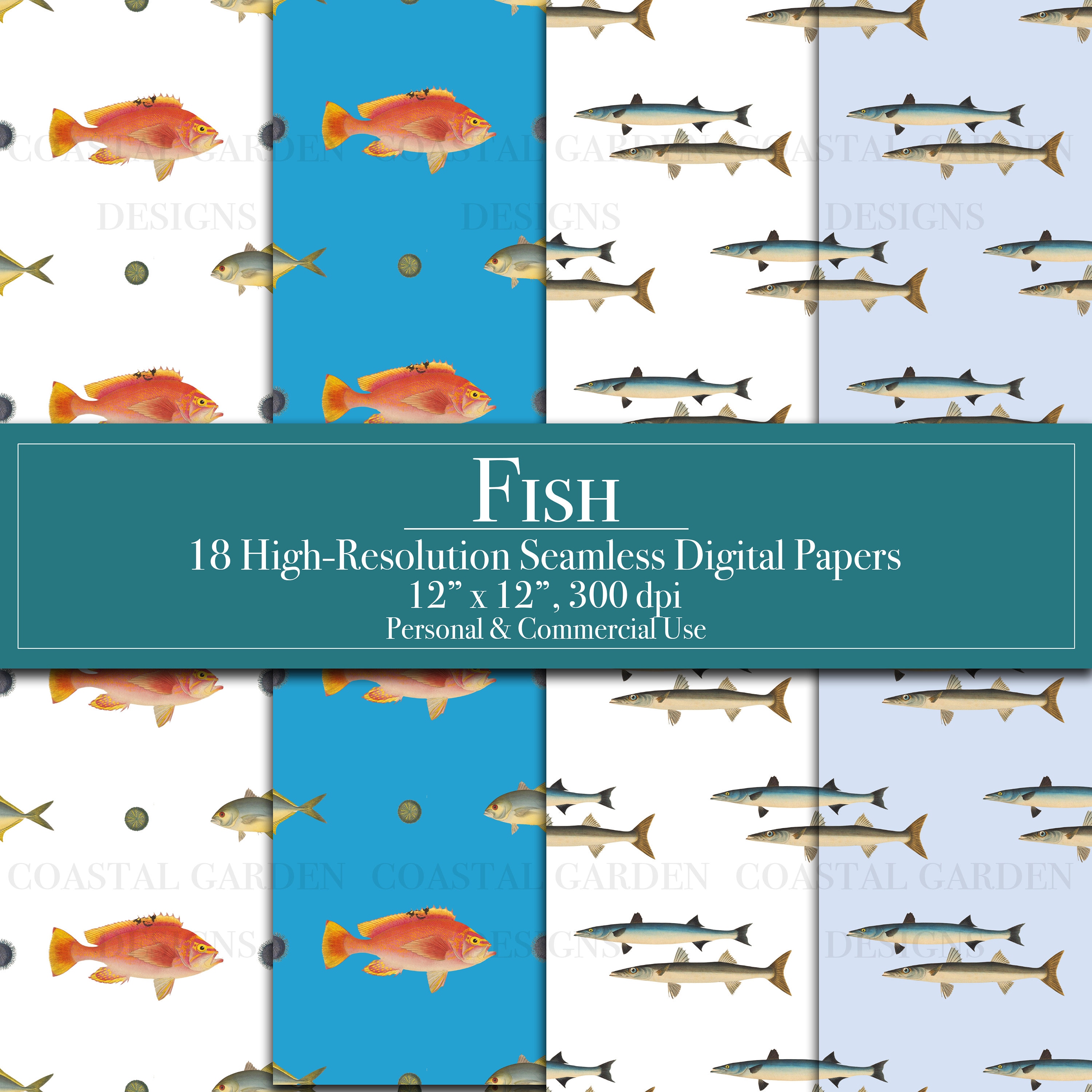 Fish Digital Papers, Ocean Seamless Pattern, Fishing Scrapbook Paper ...
