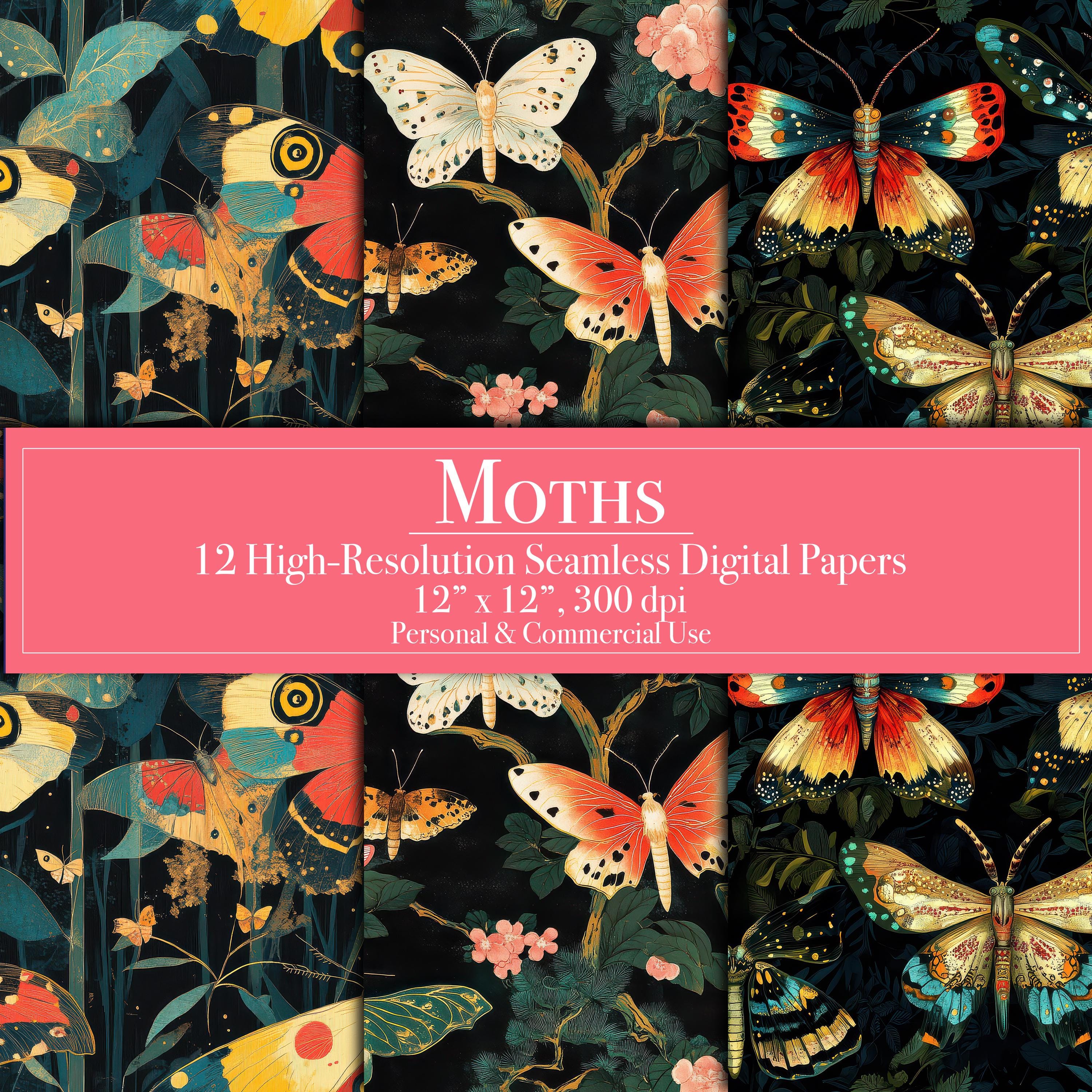Moths Digital Paper, Moth Seamless Digital Scrapbook Paper, Planner ...