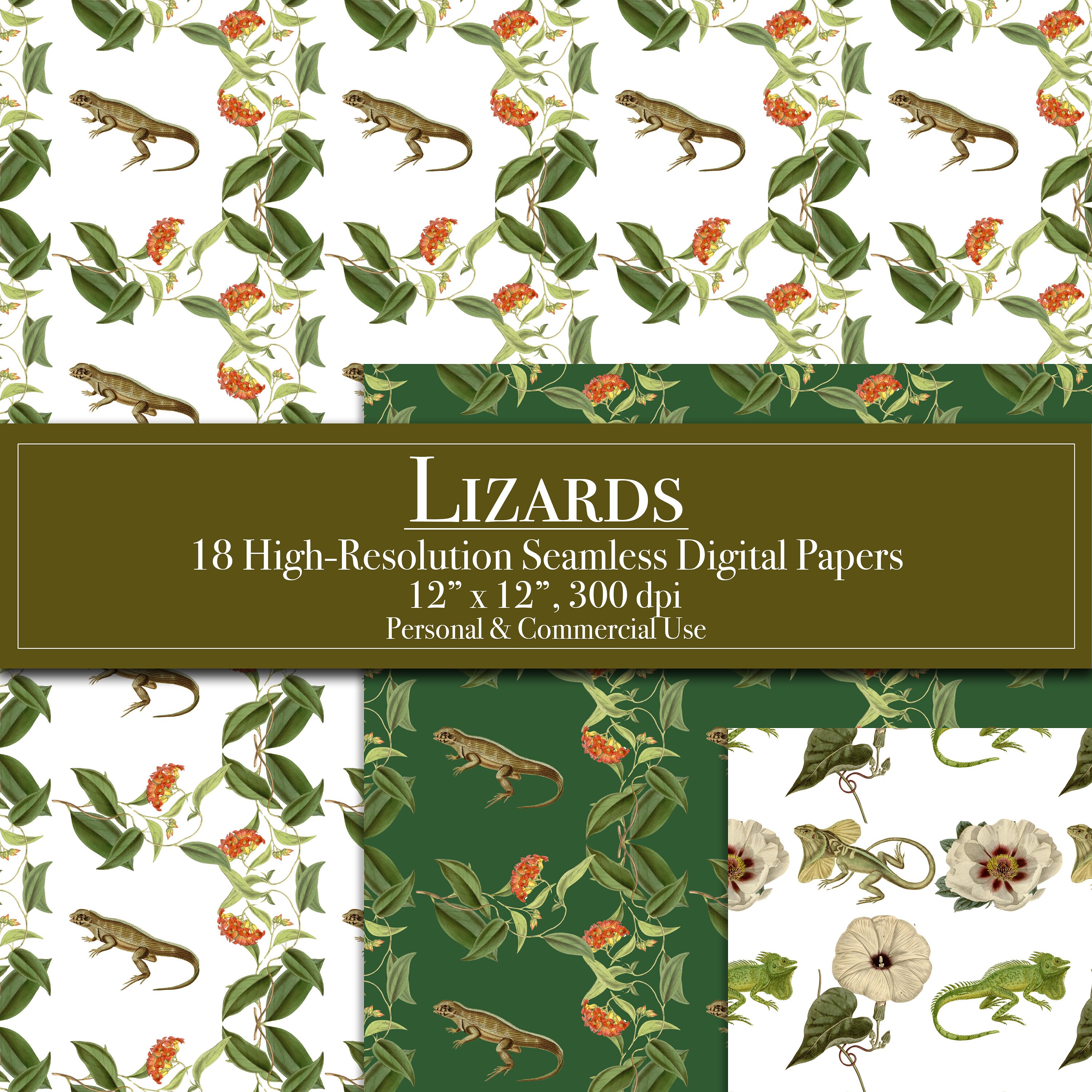 Lizards Digital Paper, Seamless Digital Scrapbook Paper, Planner ...