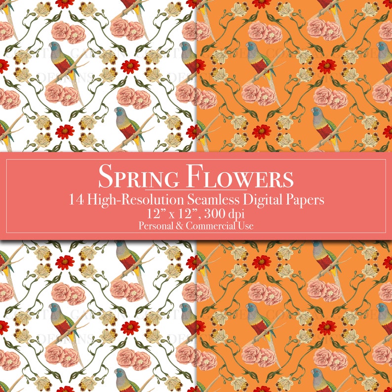 Spring Flowers Digital Paper Bundle, Seamless Patterns Scrapbook Paper ...