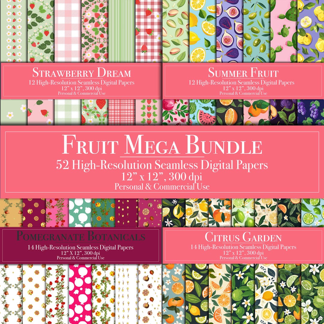 Fruit Mega Bundle Digital Papers, Seamless Pattern Scrapbook Paper ...