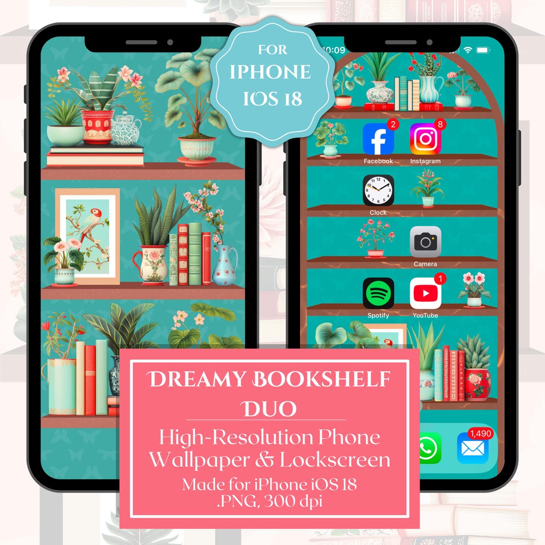 Dreamy Bookshelf Wallpaper for iPhone Ios 18 - Large Icons Friendly I ...