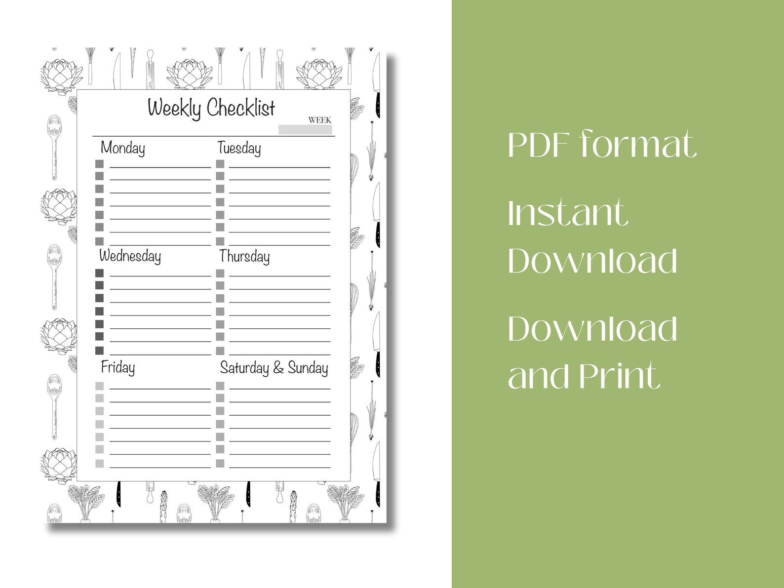 Cooking Printable Weekly Checklist Template, Chef Theme, Foodie Blank ...